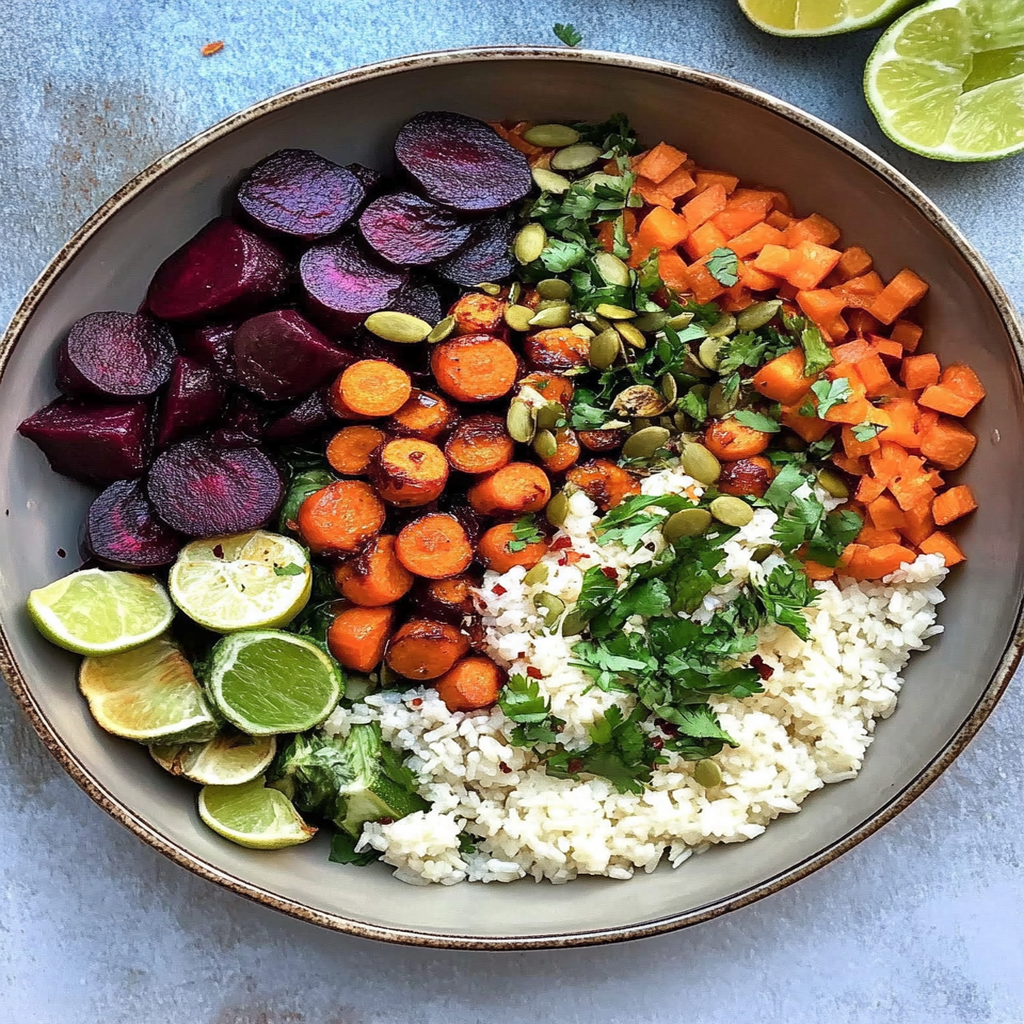 Roasted Beet and Carrot Rice Bowl with Honey-Lime Dressing